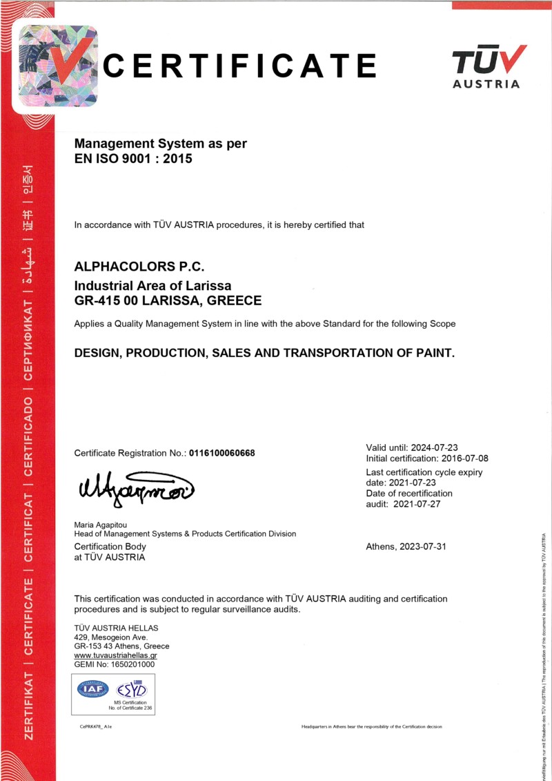 Certifications of alphacolors P.C